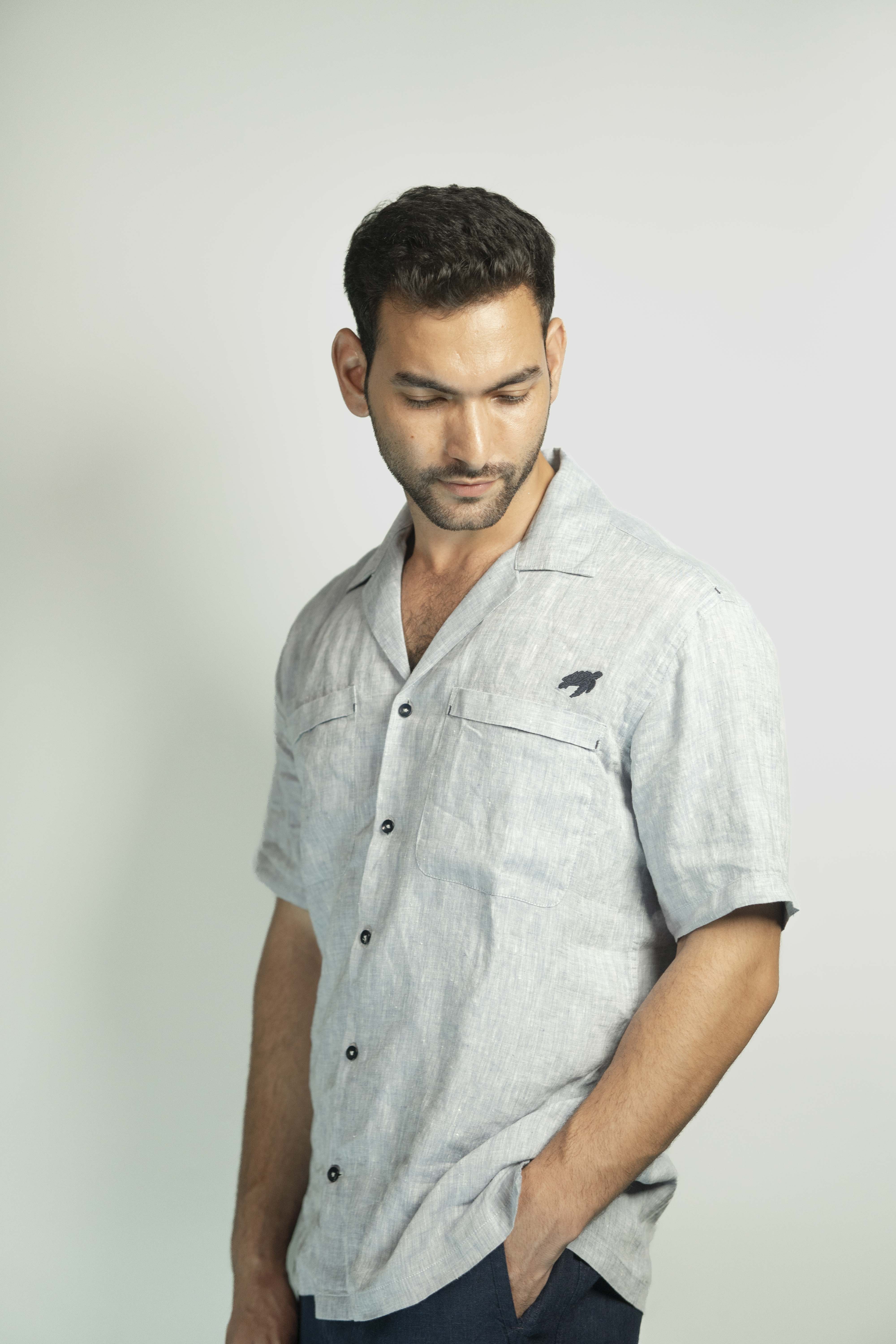Linen Regular Fit Chambray Blue Half Shirt – Mangrove